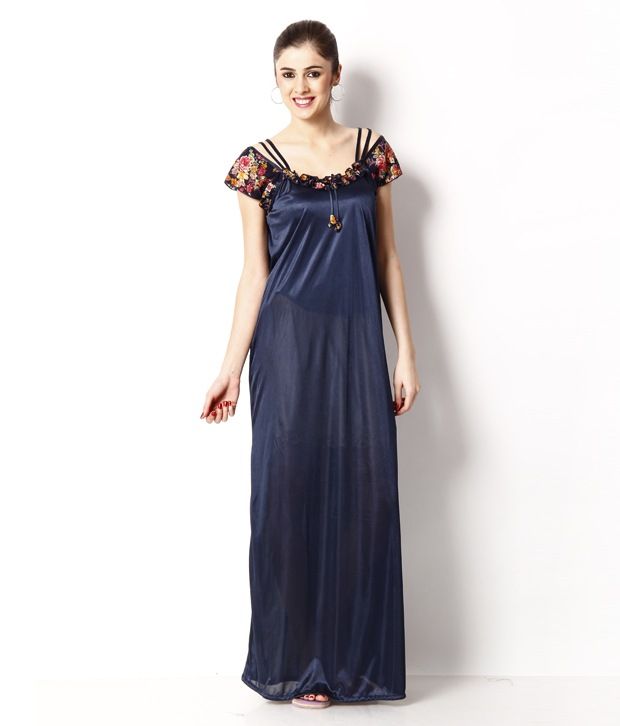 Buy Affair Midnight Blue Poly-Cotton Full Length Nighty Online at Best ...