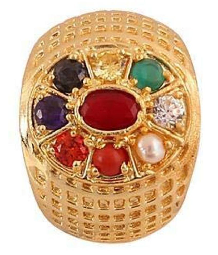 Gold and Rhodium Plated Navratna Ring Round for Men and Women: Buy Gold ...